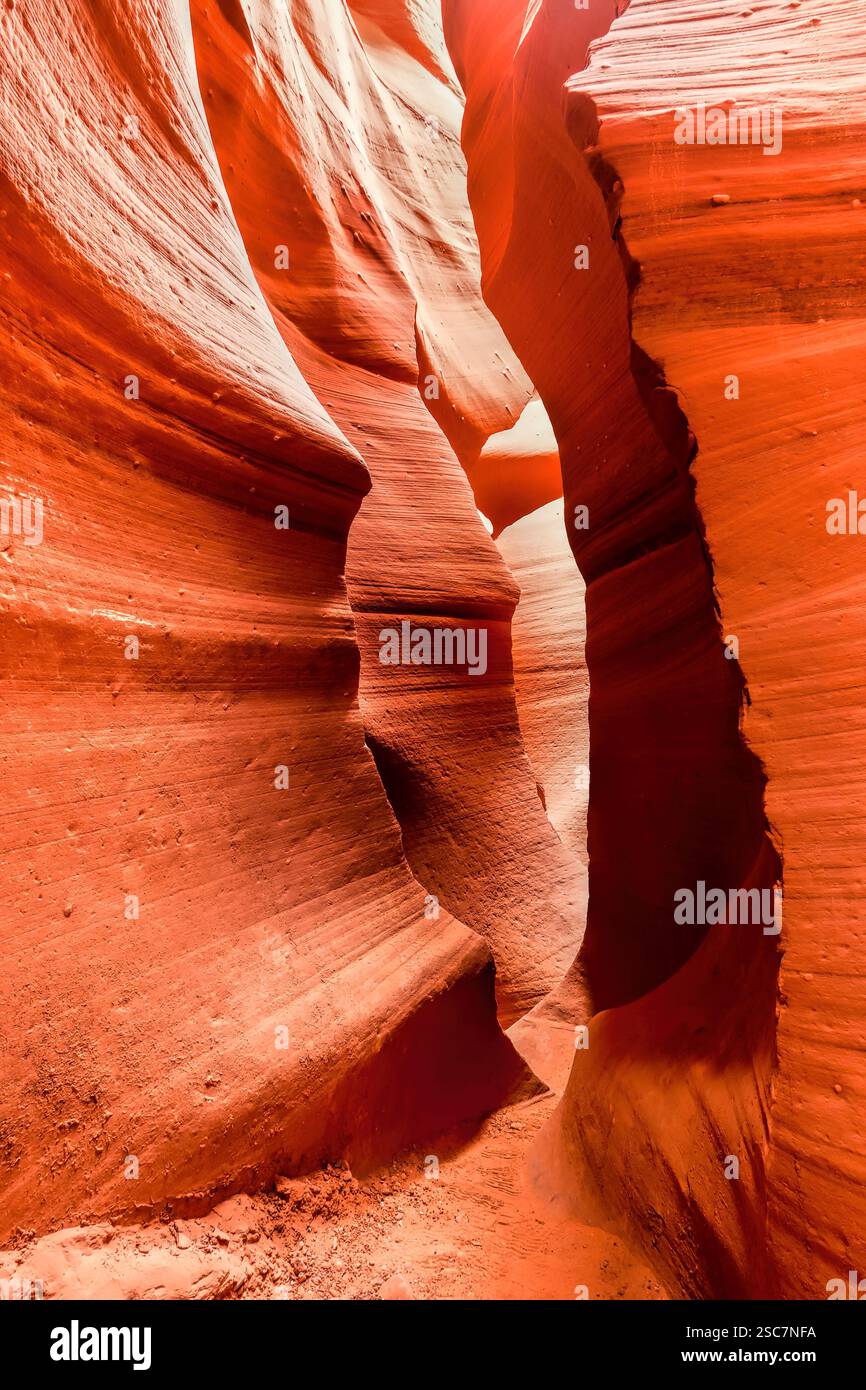 A narrow canyon with a red wall. The canyon is very narrow and the wall ...