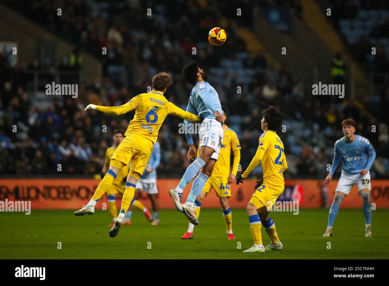 Ellis Simms of Coventry City wins a header against Joe Rodon of Leeds ...
