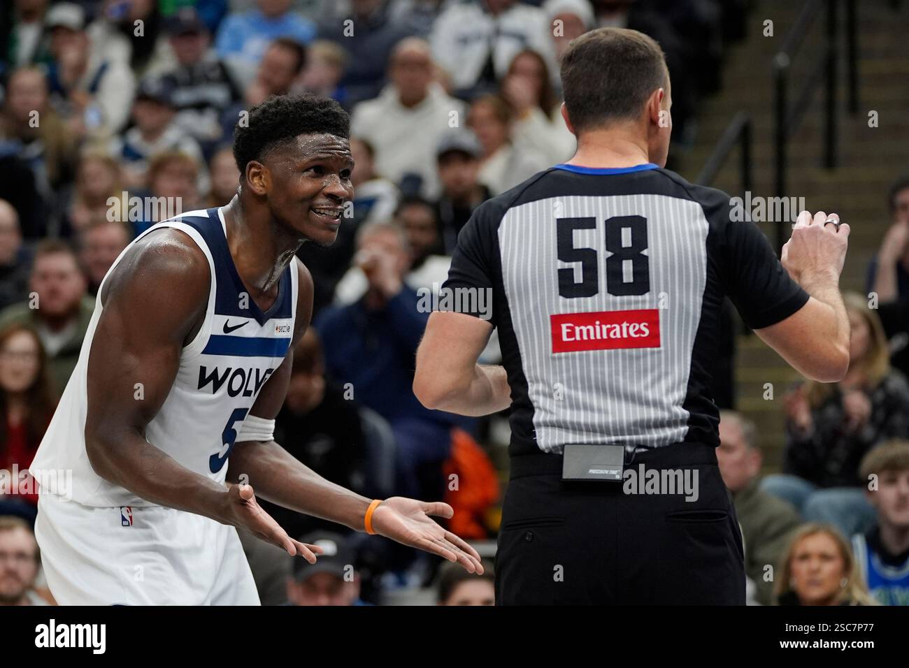 Minnesota Timberwolves guard Anthony Edwards (5) reacts toward referee ...