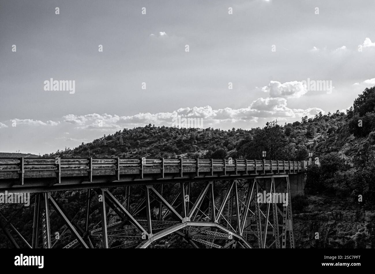 A striking black-and-white photograph of a steel bridge stretching over ...