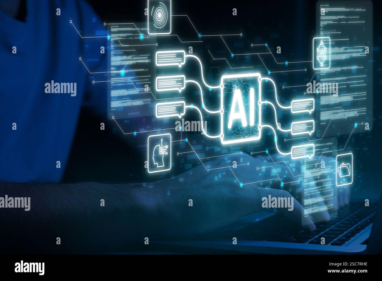 Artificial intelligence. Man using laptop at table, closeup. Scheme ...
