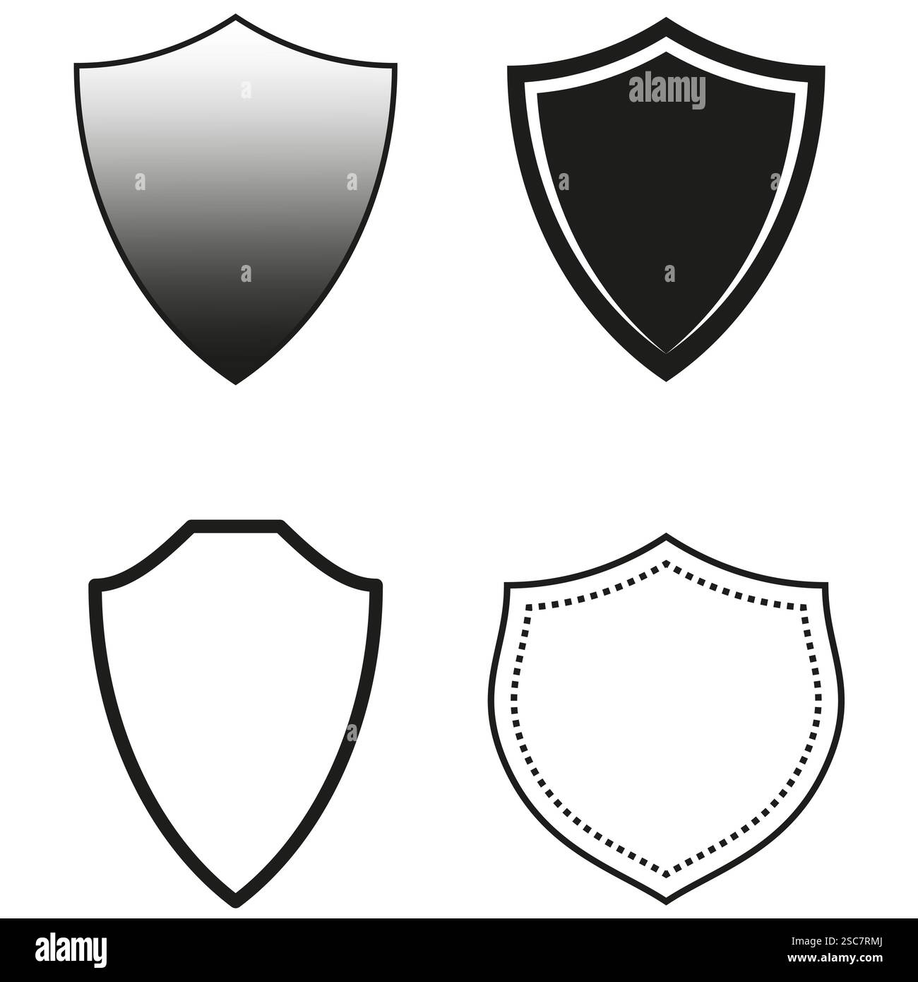 Shield icons. Basic heraldic emblems. Black and white symbols. Clean ...