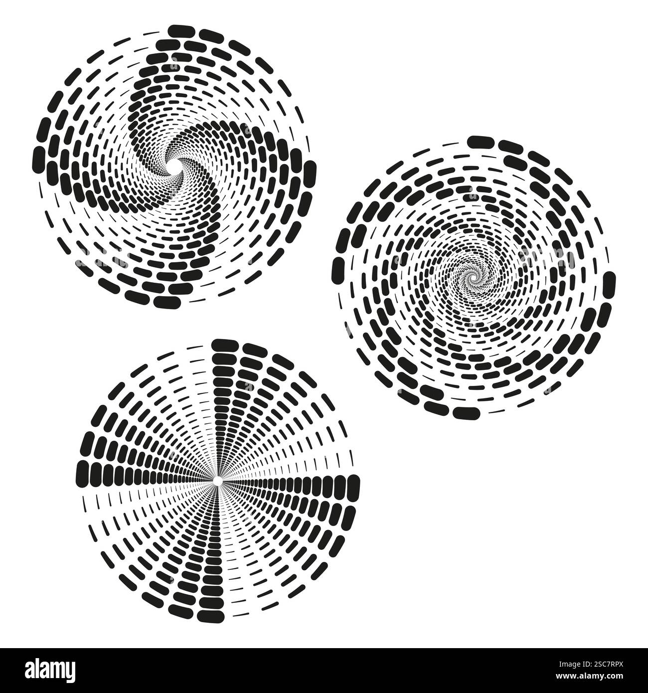 Mesmerizing spiral circles. Dynamic dotted pattern. Bold black optical swirl. Vector rotating ...