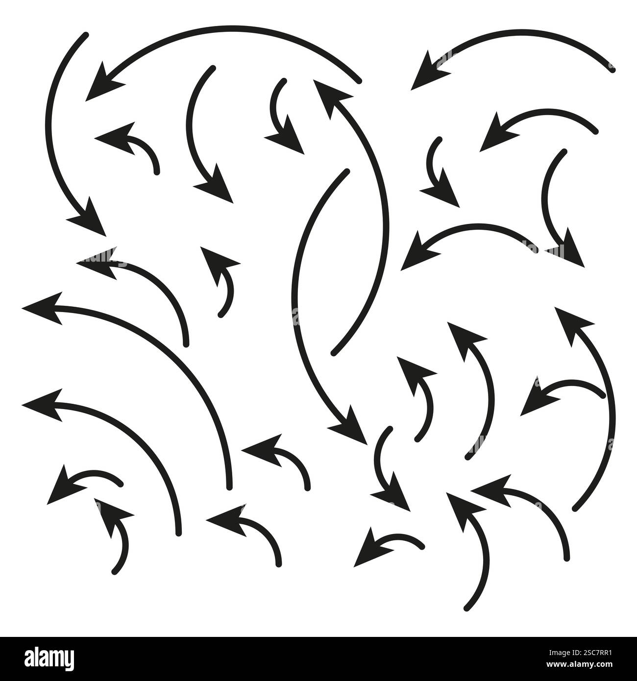 Swirling arrow group. Vector curved shapes. Black direction icons. Movement flow symbols Stock ...