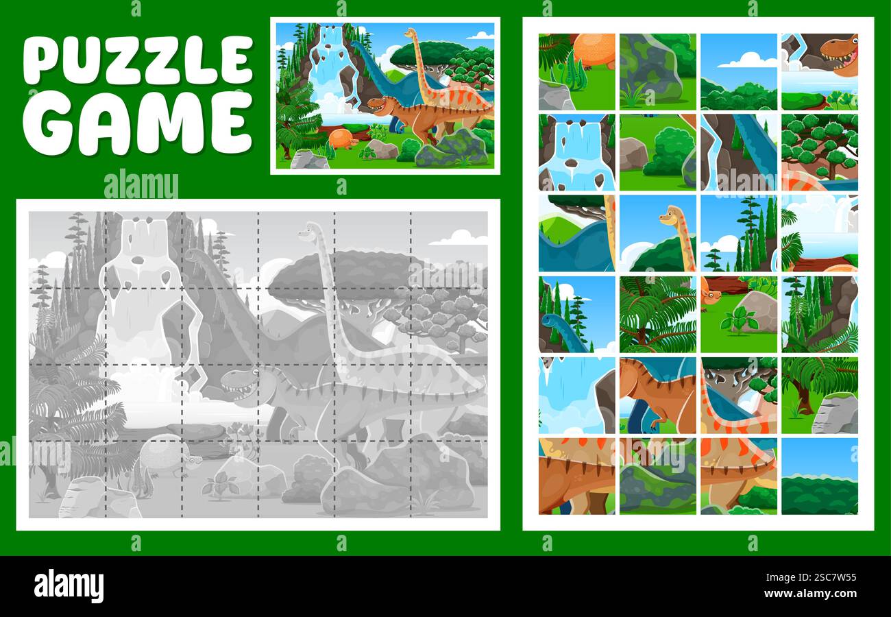 Prehistoric dinosaur animals on jigsaw puzzle logic game quiz, cartoon ...