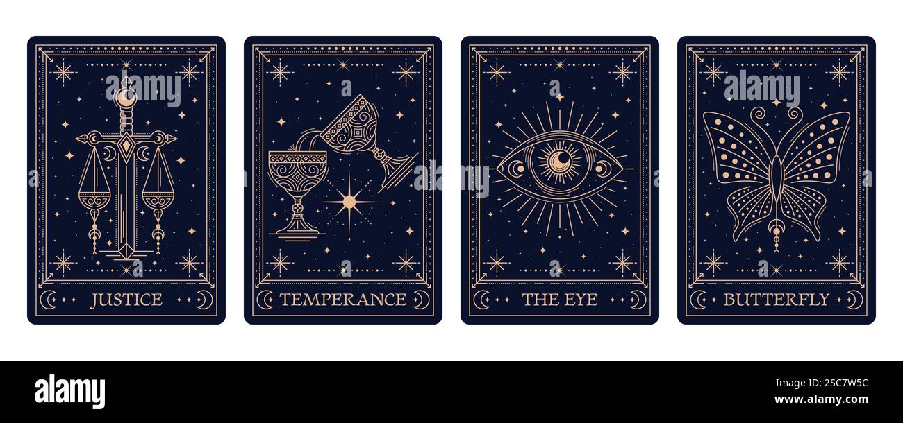 Tarot cards with esoteric and magic occult or mystic symbols in frames ...