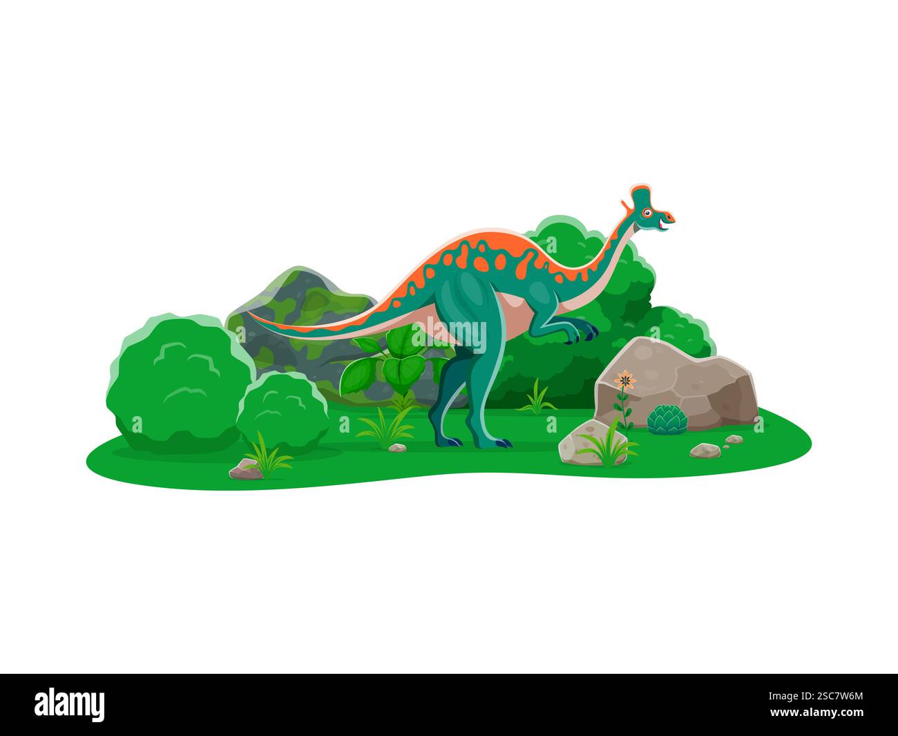 Cartoon Lambeosaurus dinosaur adorable character. Prehistoric reptile ...
