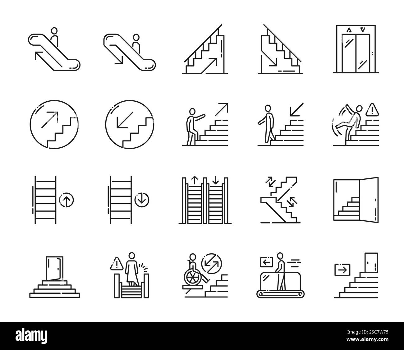 Stairs, escalator and elevator emergency exit line icons, vector up and ...