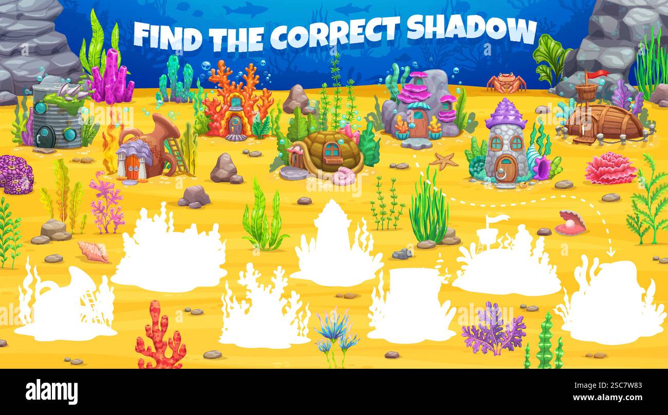 Find the correct shadow of underwater house buildings, kids game vector ...