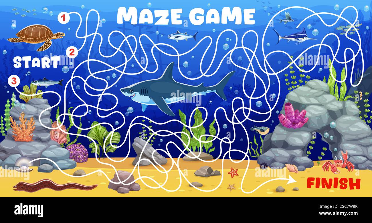 Kids labyrinth maze game with sea animals turtle, shark and fish ...