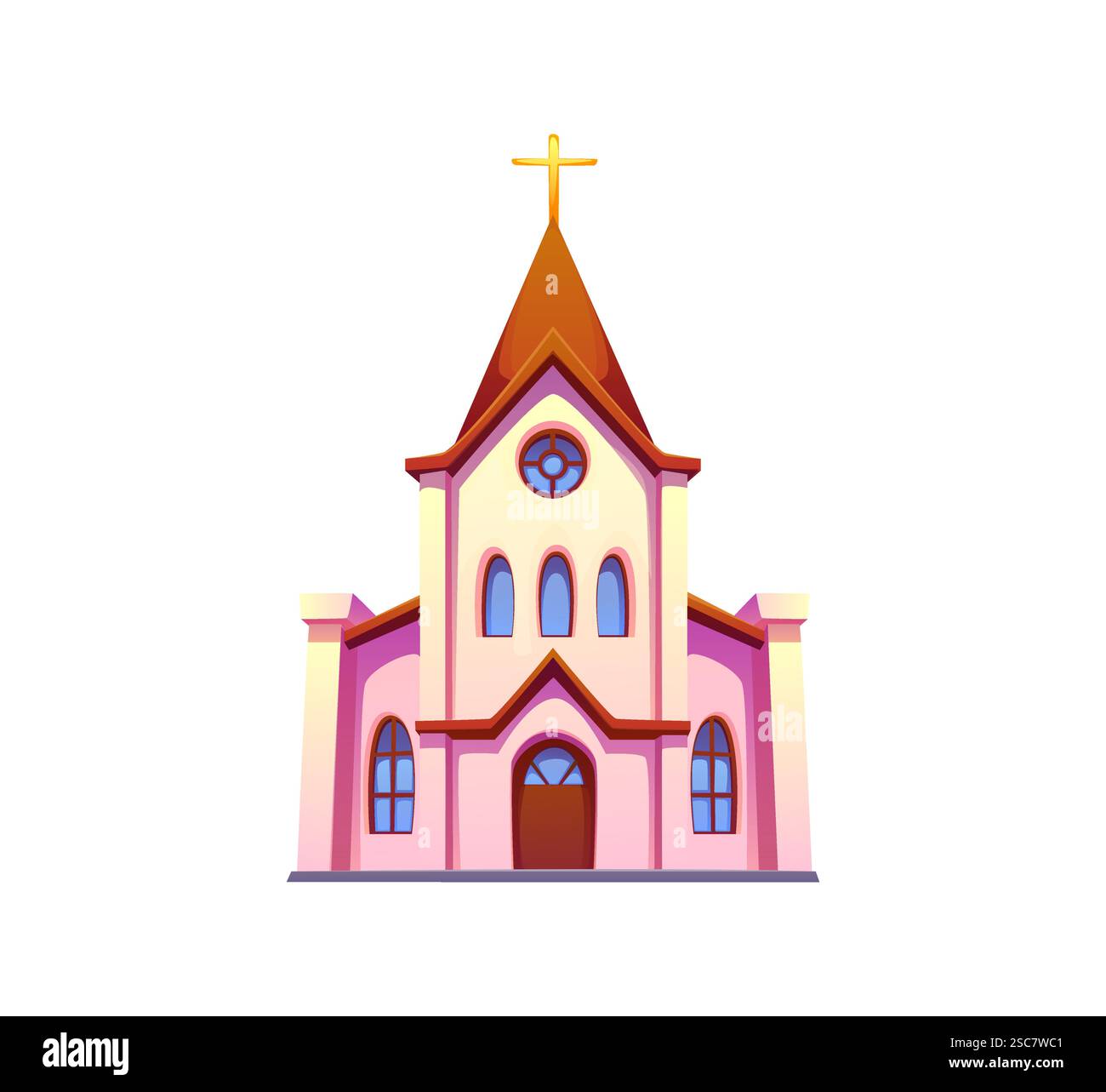 Cartoon church featuring pink and white facade, arched windows, tall ...