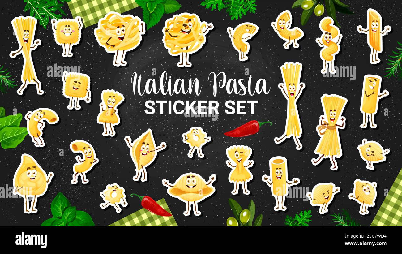Cartoon Italian pasta characters stickers pack with funny spaghetti and ...