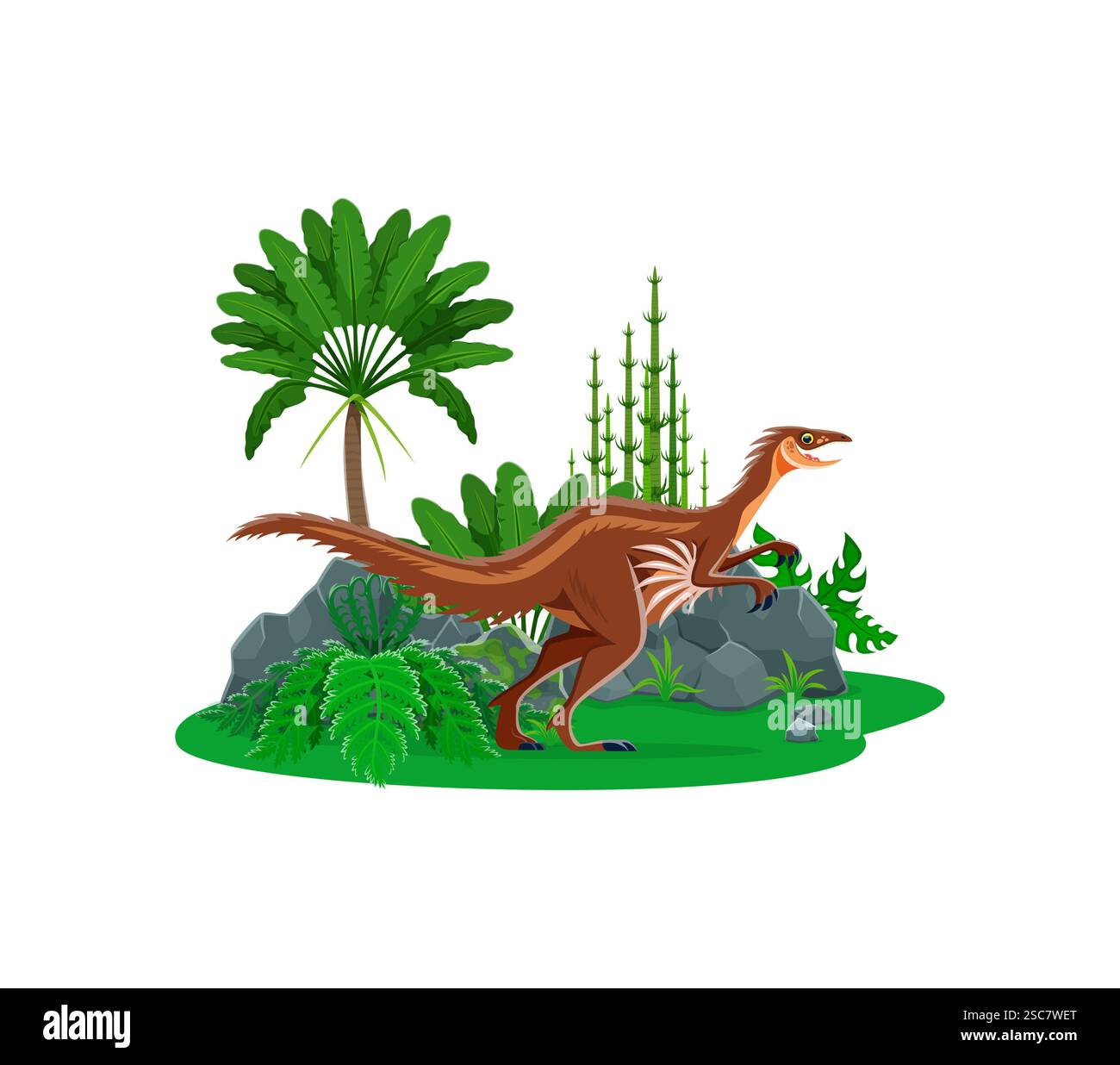 Cartoon troodon dinosaur character. Jurassic era reptile funny personage, extinct animal or ...