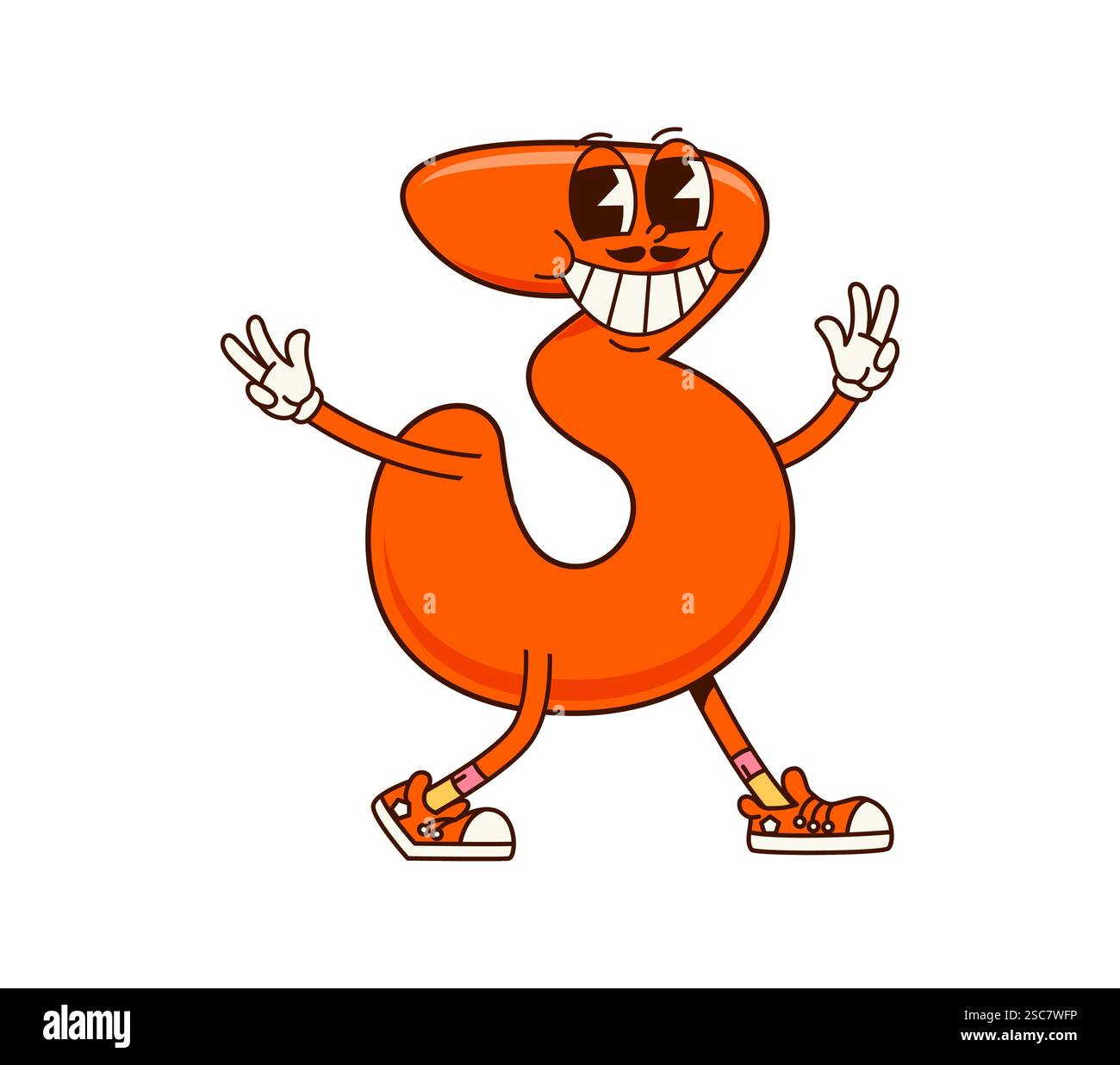 Groovy math number Three retro cartoon character with funny face and ...