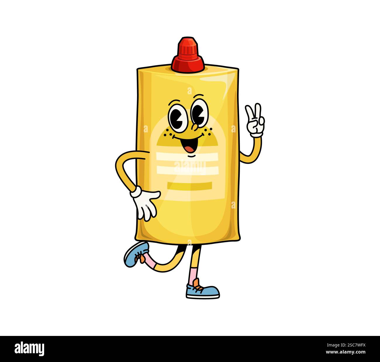 Groovy fast food mustard bottle character. Isolated cartoon vector ...