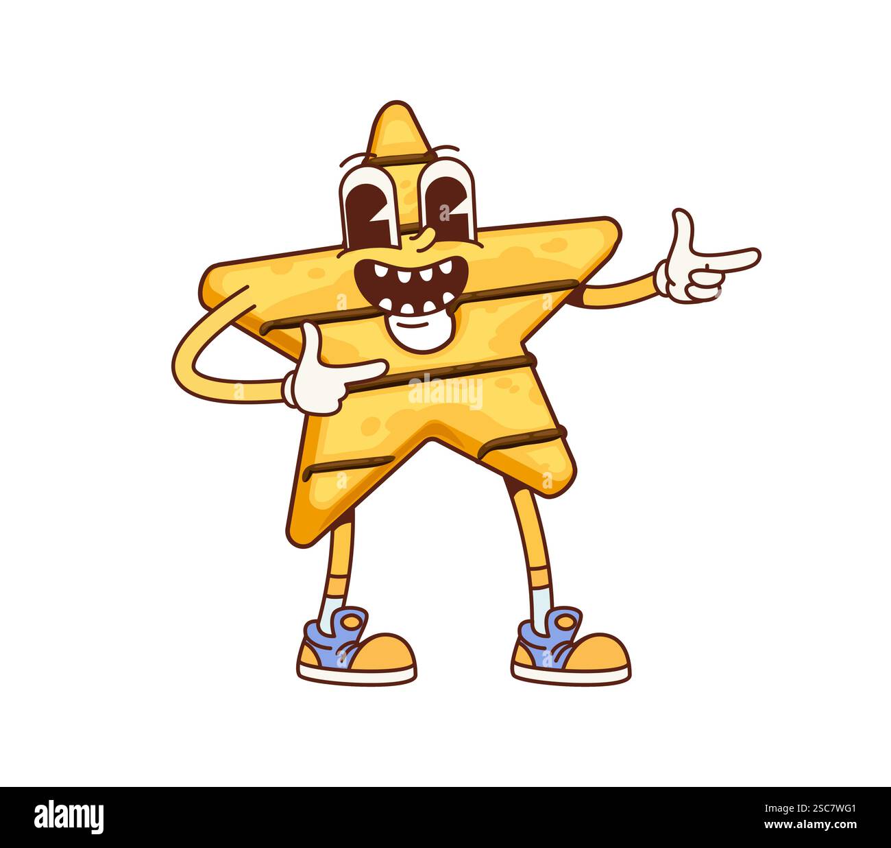 Funny groovy star-shaped cookie character wearing sneakers, pointing ...