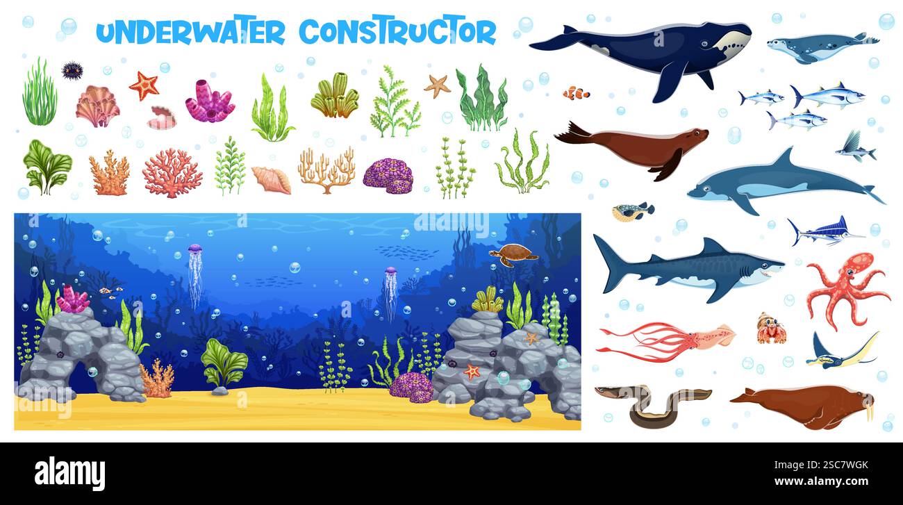 Underwater landscape constructor kids game worksheet. Sea life scene or ...