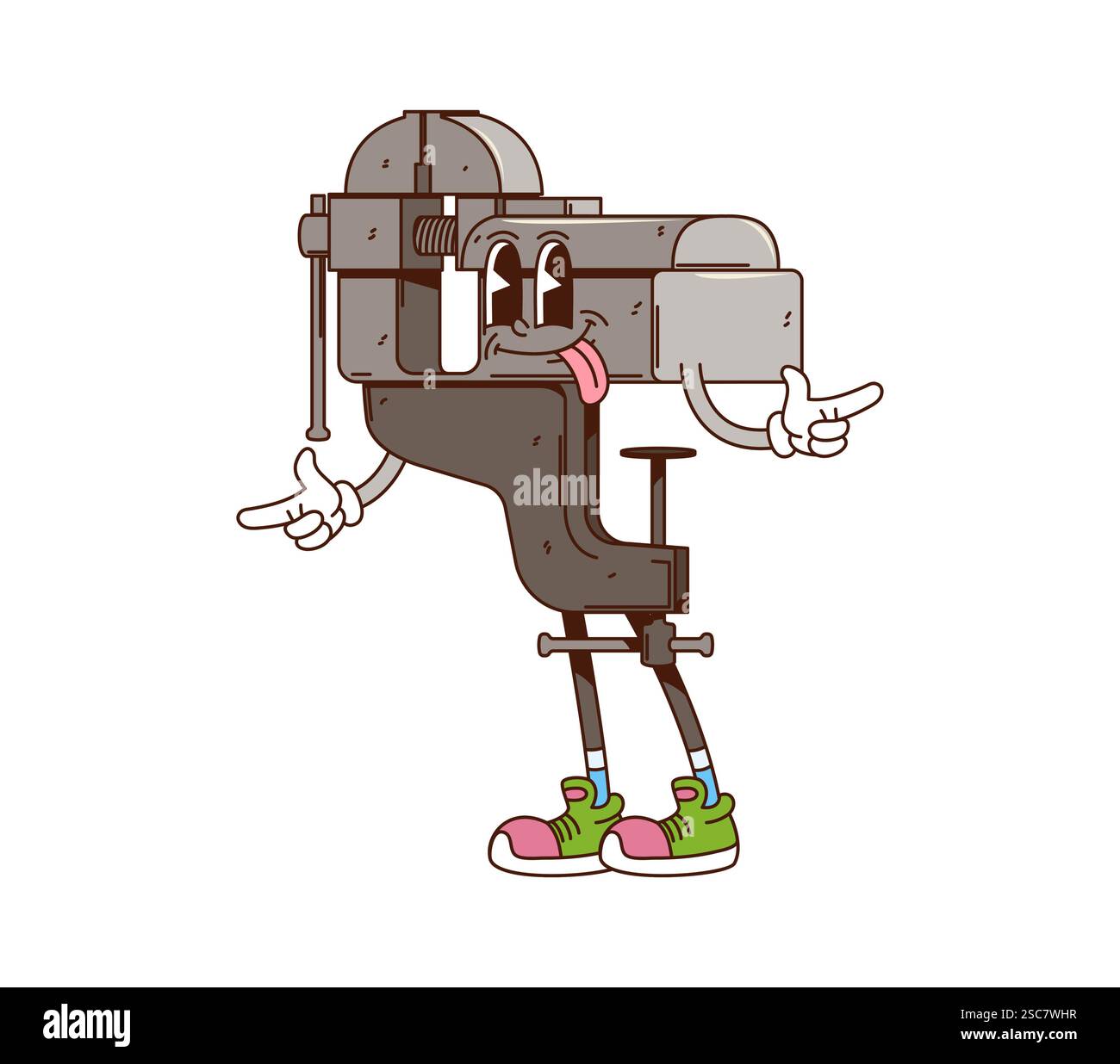 Groovy work tool or DIY and repair cartoon character of vise with funny ...