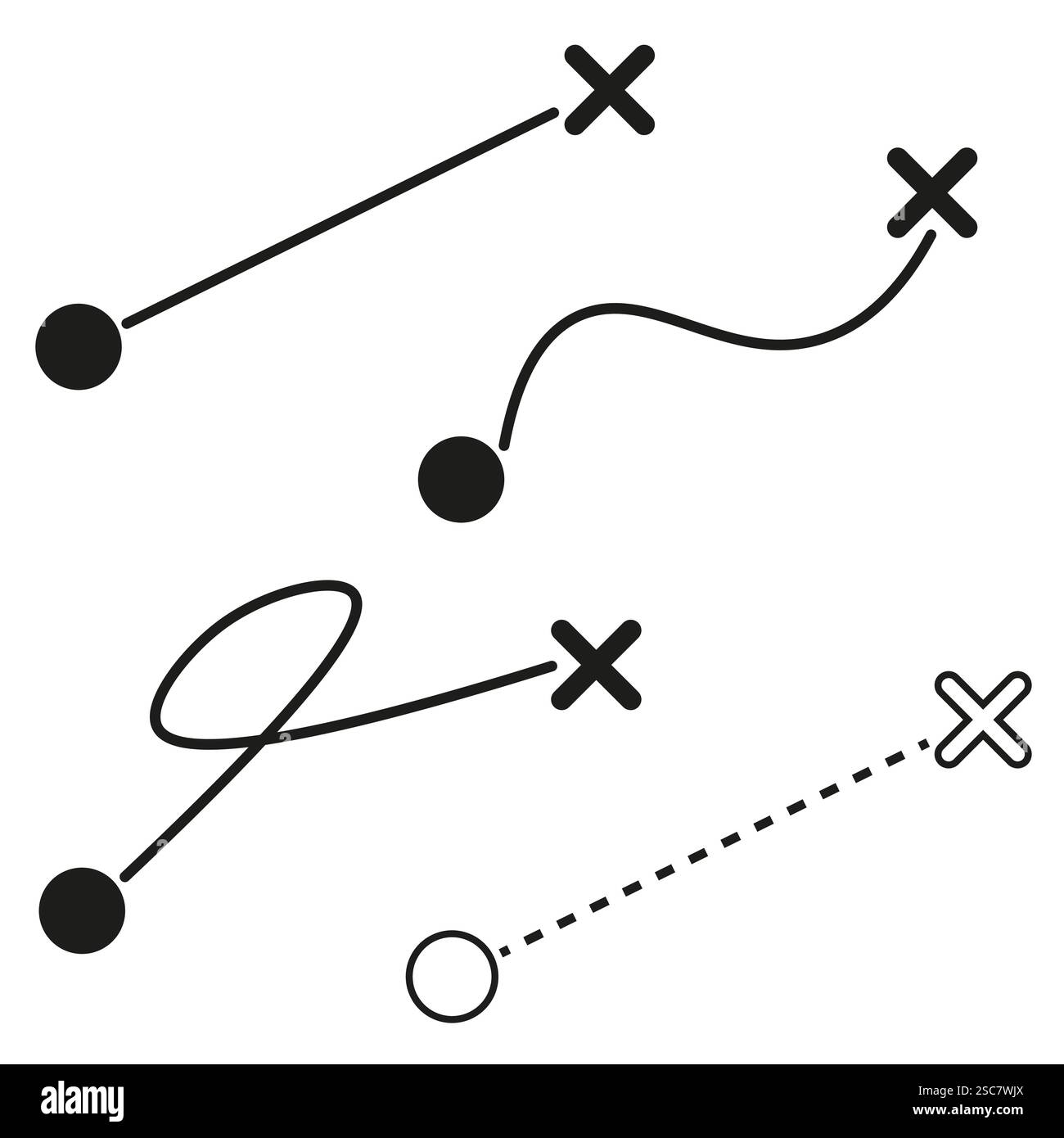 Abstract route lines. Crosses and circles. Black geometric symbols ...