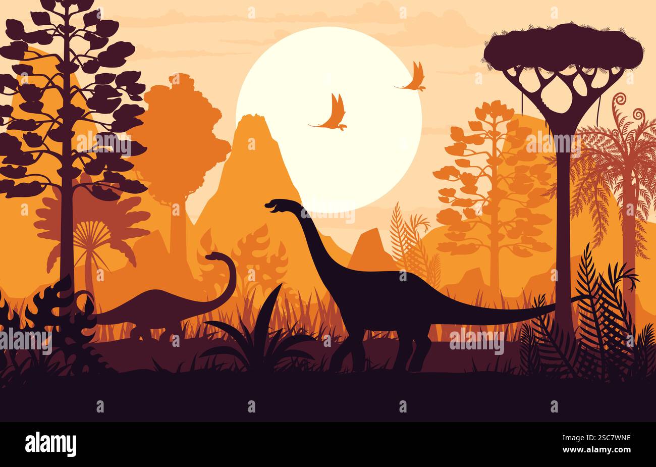 Prehistoric dinosaurs and jungle sunset silhouettes. Jurassic era flora ...