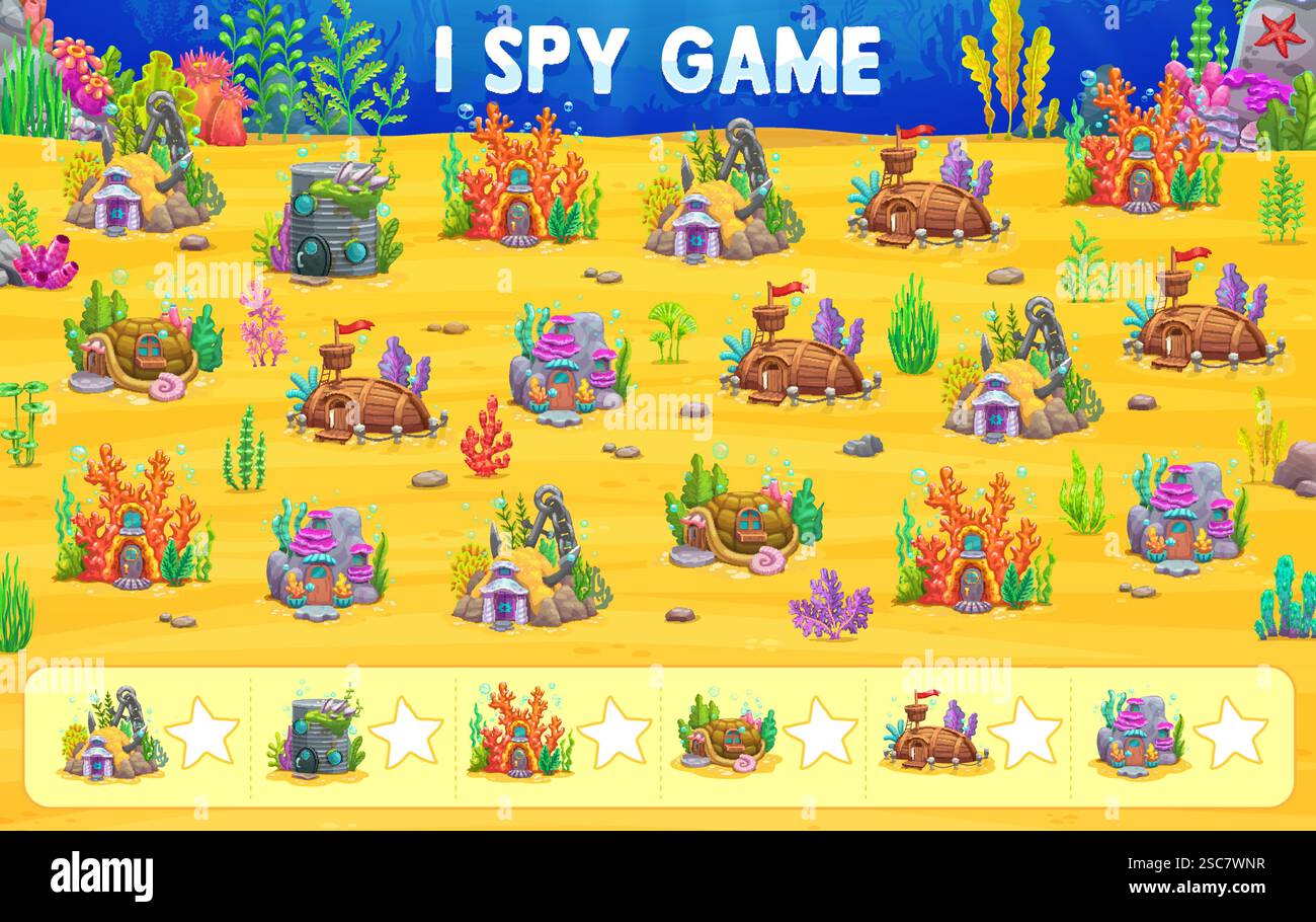 I spy game worksheet with fairytale underwater house buildings, vector ...