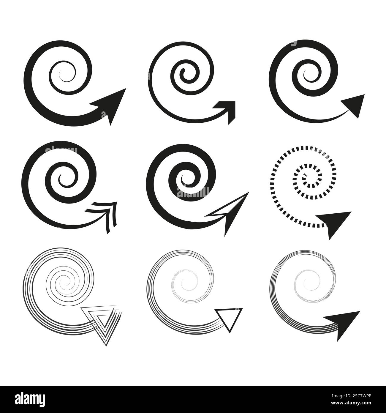 Spiral arrows set. Curved directional pointers. Abstract black symbols. Modern vector design ...