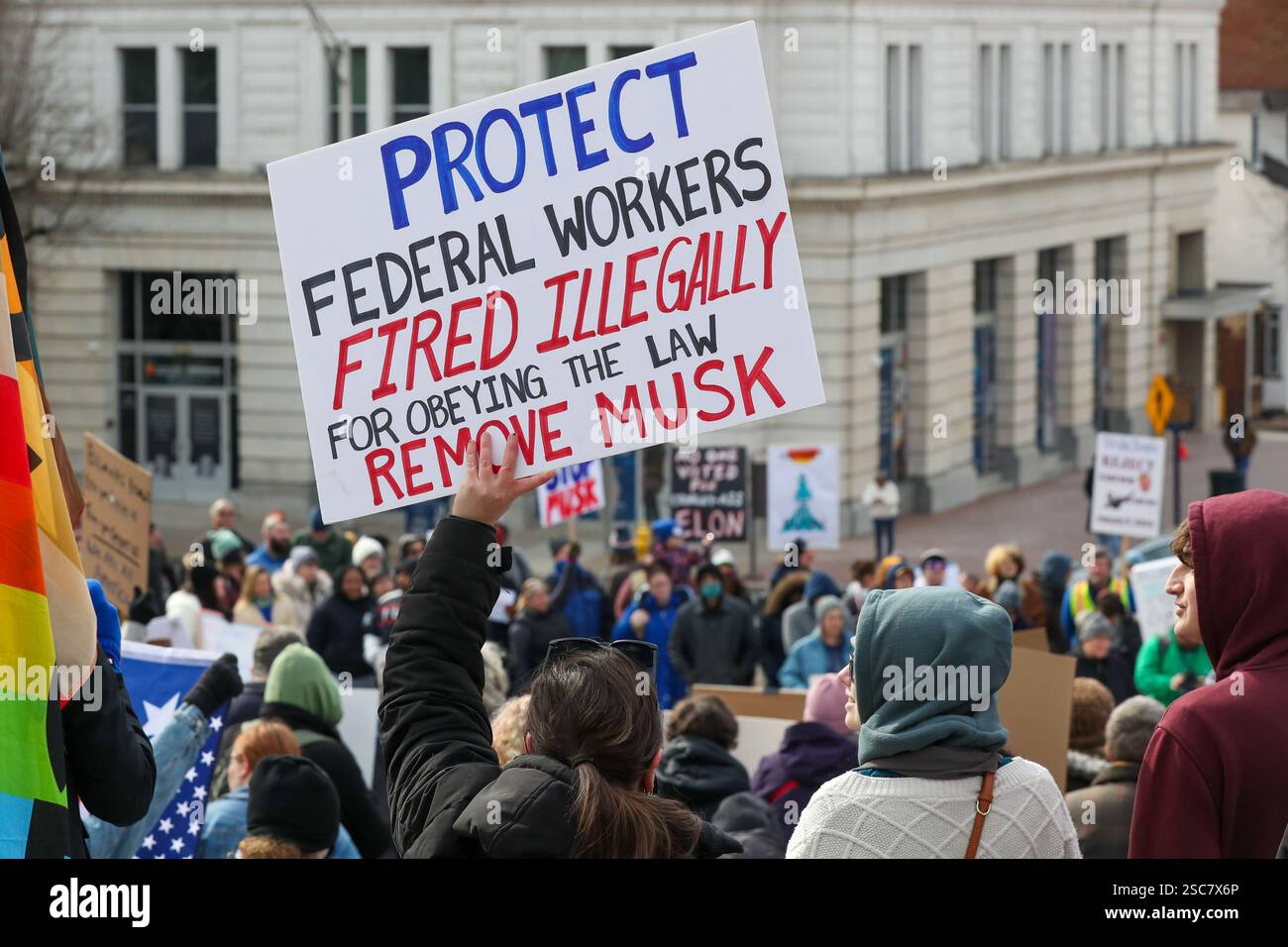 Harrisburg, United States. 05th Feb, 2025. Protesters hold signs on the ...