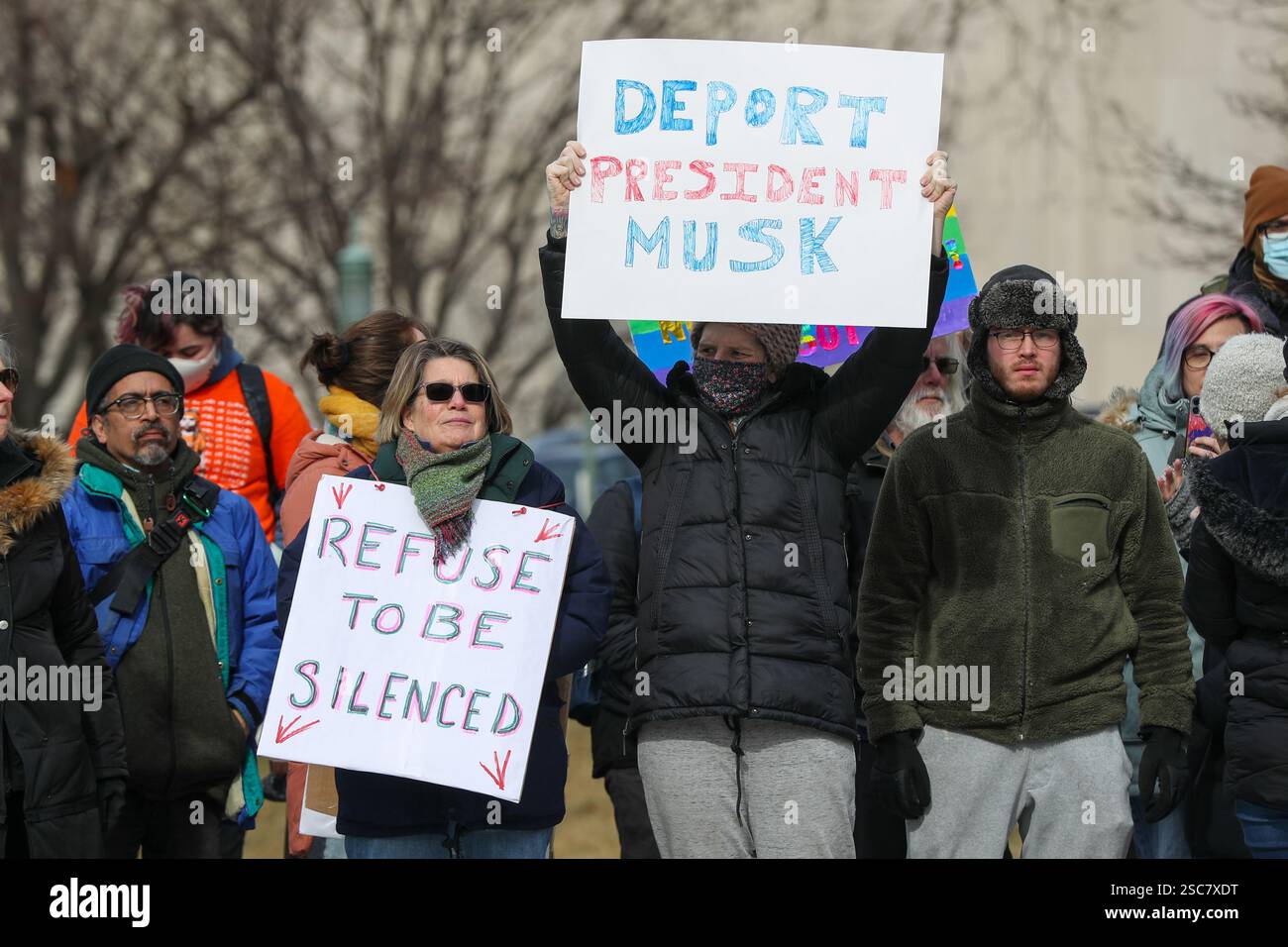 Harrisburg, United States. 05th Feb, 2025. Protesters hold signs on the ...