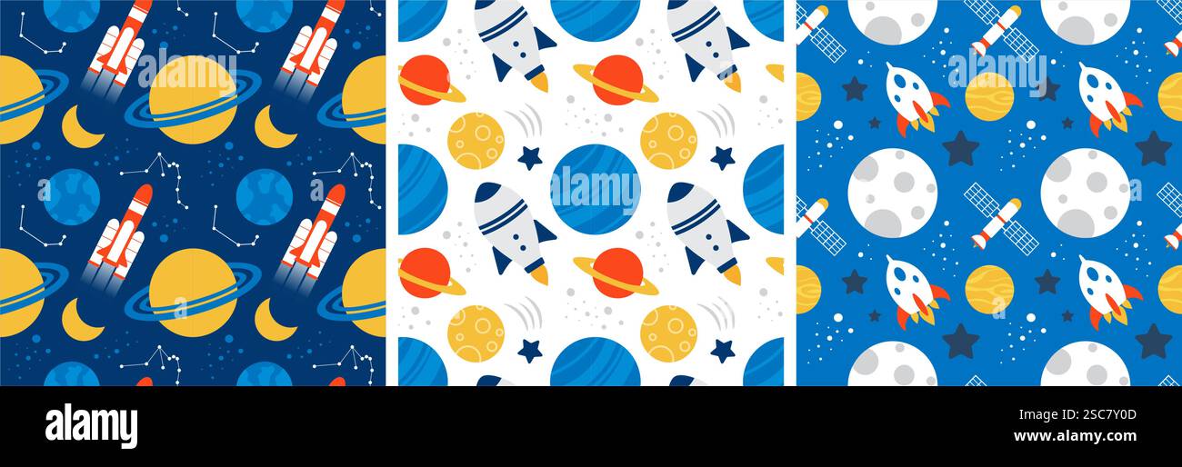 Seamless Pattern of Outer Space Exploration with Floating Astronaut and Planets in Cartoon Flat ...