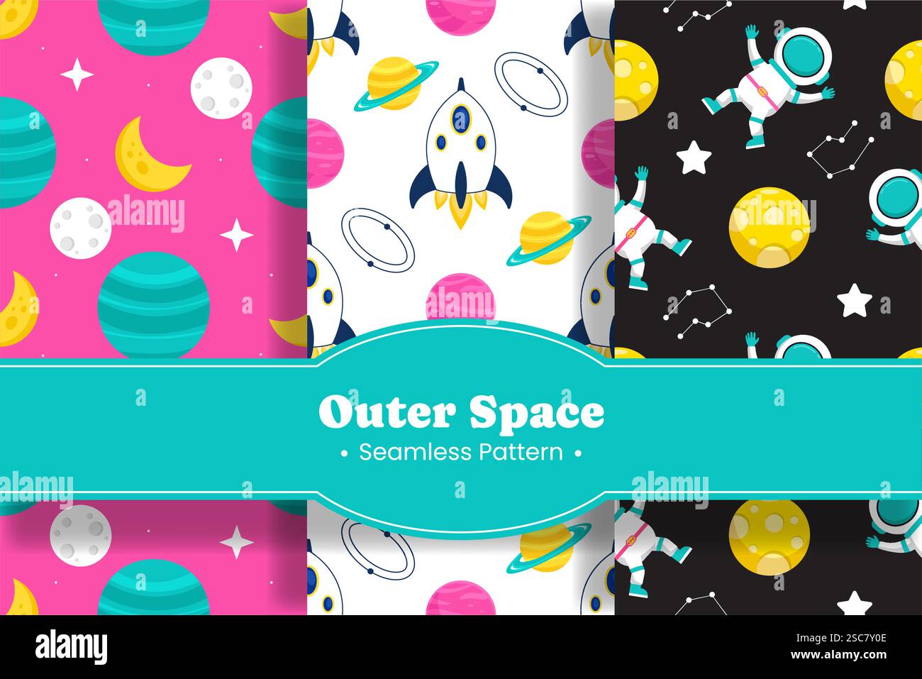 Seamless Pattern of Outer Space Exploration with Floating Astronaut and Planets in Cartoon Flat ...