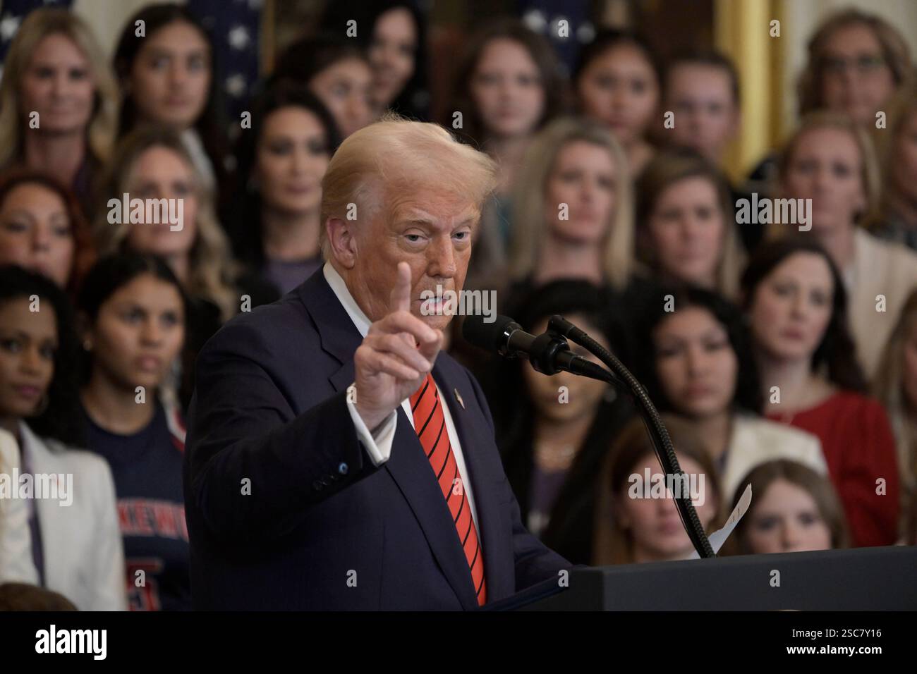 US President Donald Trump delivers remarks during the signs No Men in ...