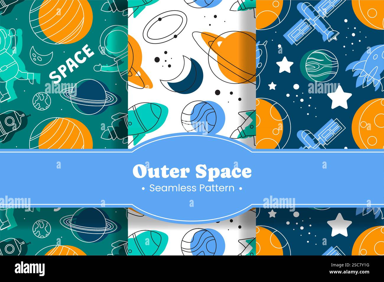 Seamless Pattern of Outer Space Exploration with Floating Astronaut and Planets in Cartoon Flat ...