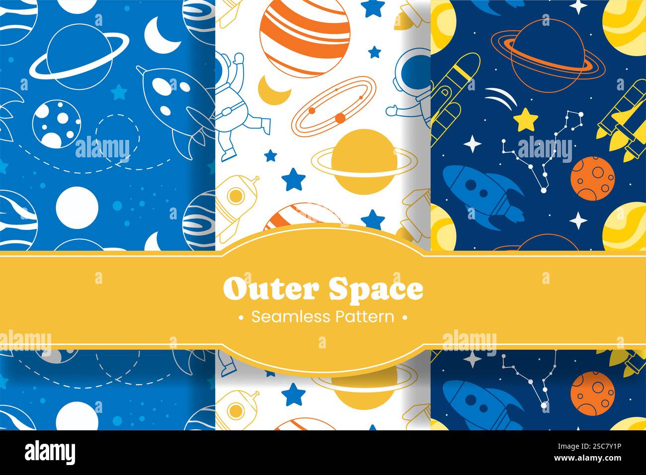 Seamless Pattern of Outer Space Exploration with Floating Astronaut and Planets in Cartoon Flat ...