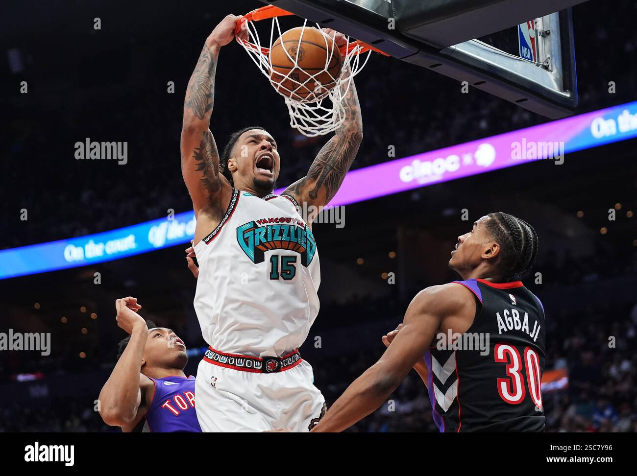 Toronto, Canada. 05th Feb, 2025. Memphis Grizzlies' Brandon Clarke (15) dunks as Toronto Raptors ...