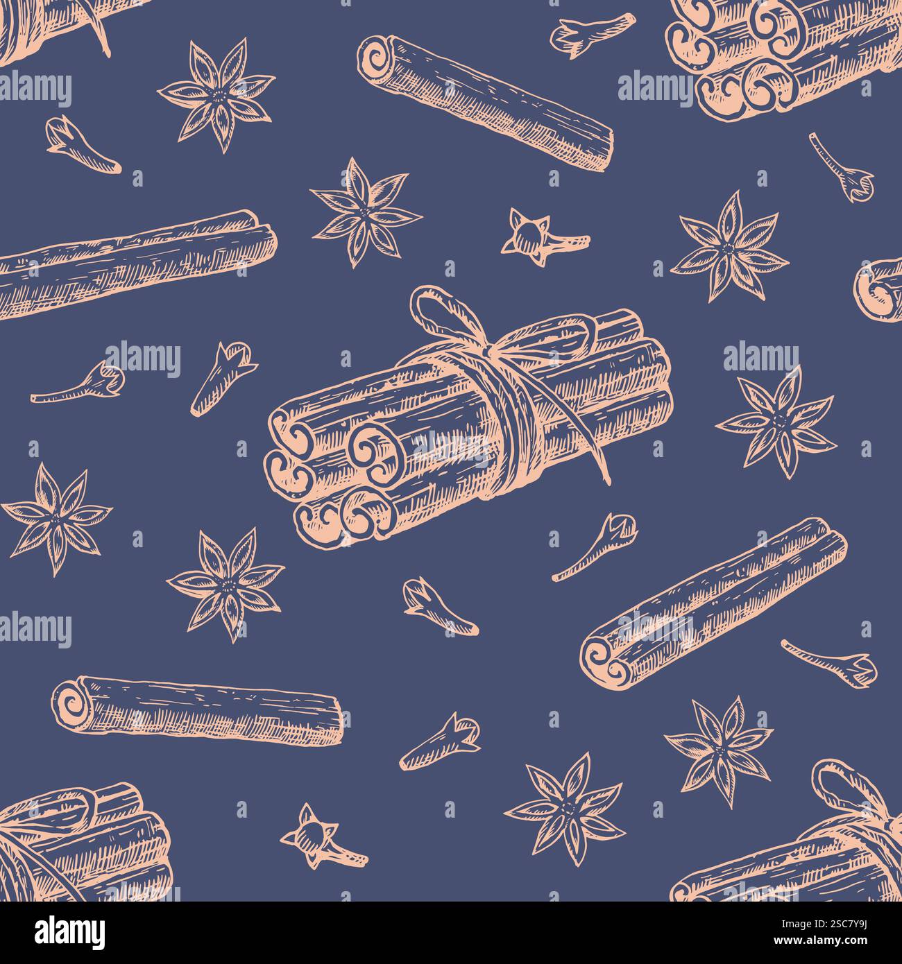 Seamless pattern with cinnamon, star anise and clove. Hand-drawn vector illustration in black ...