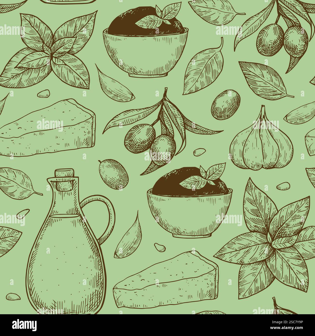Seamless pattern with pesto sauce elements, basil leaves, garlic, parmesan cheese, olive oil in ...