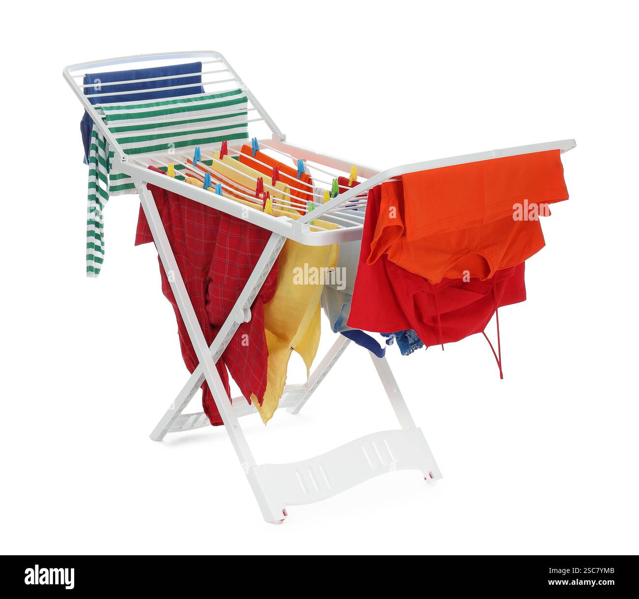 Drying rack with fresh clean laundry isolated on white Stock Photo - Alamy