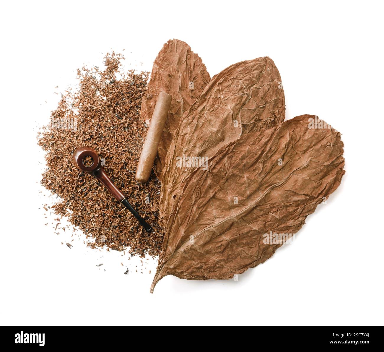 Dry tobacco, leaves, smoking pipe and cigar isolated on white, top view ...