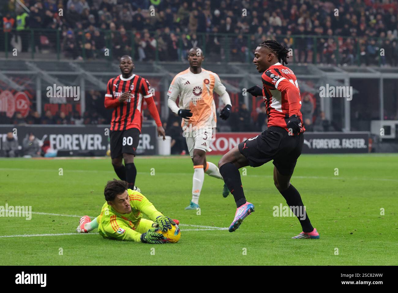 Milan, Italy. 5th Feb, 2025. Yunus Musah of AC Milan and Evan N'Dicka of AS Roma look on as Mile ...