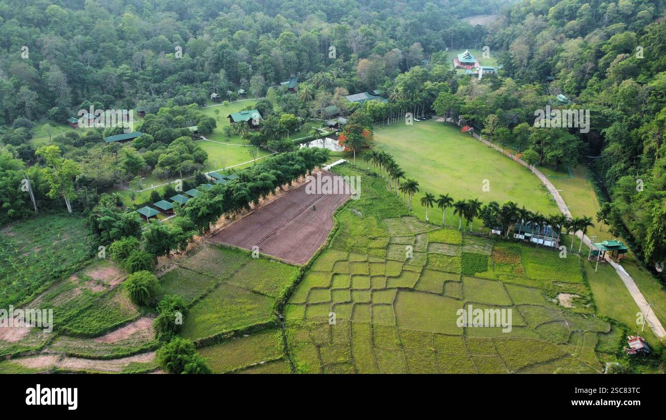 A peaceful monastery hidden in lush greenery, surrounded by rice fields ...