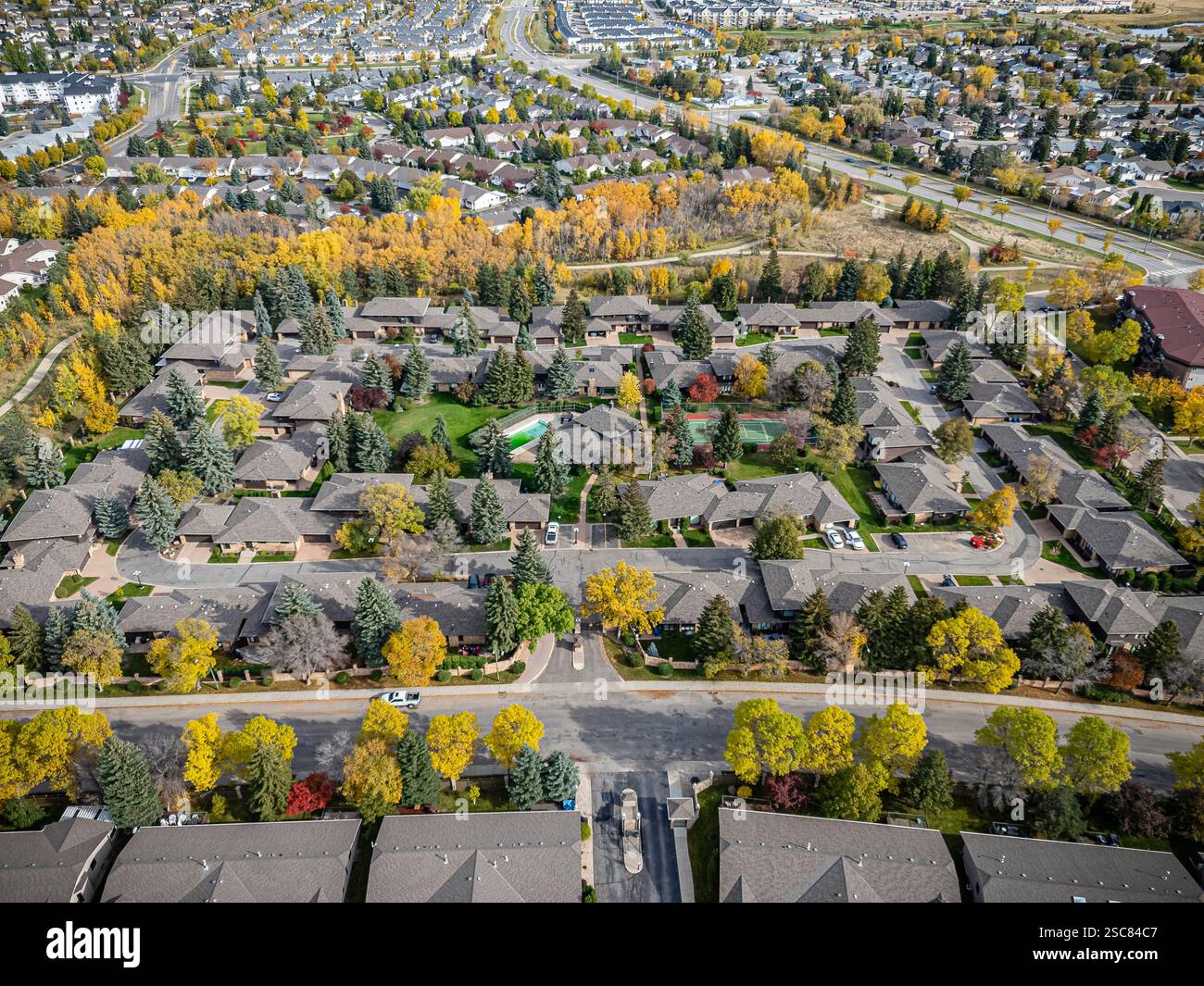 Residential area with many houses and trees. The houses are mostly ...