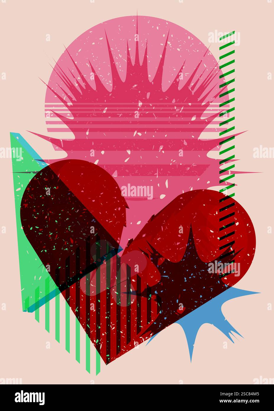 Risograph Broken Heart with geometric shapes. Objects in trendy riso graph print texture style ...