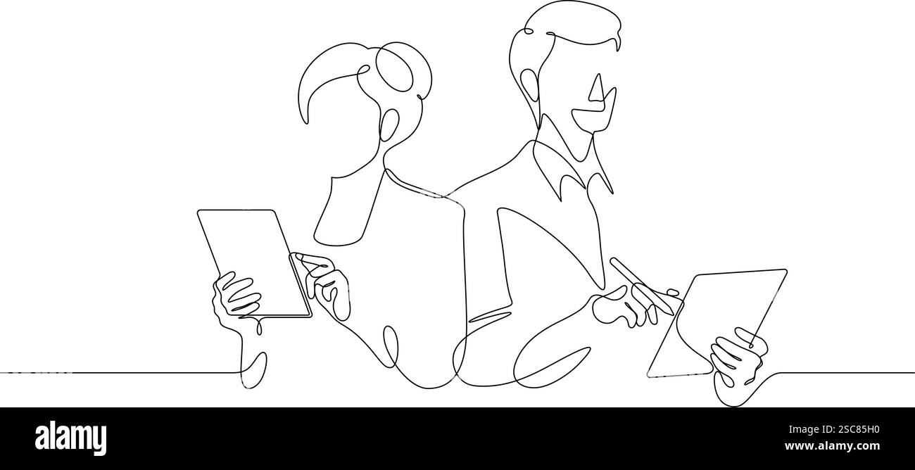 man and woman using digital tablet portrait business posing advertising ...