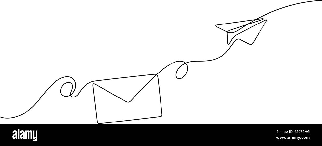 flying paper plane and letter envelope one line drawing continuous ...