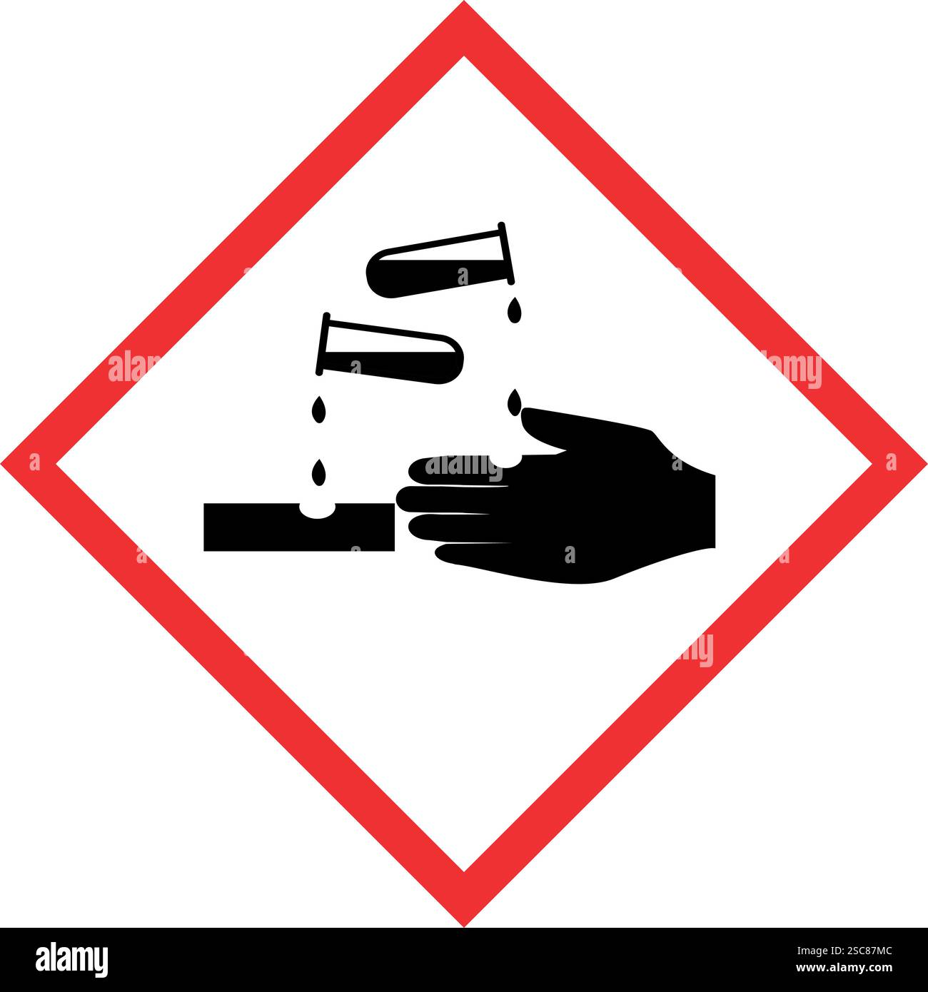 Corrosive symbol .Diamond shape red border and white background. Safety ...
