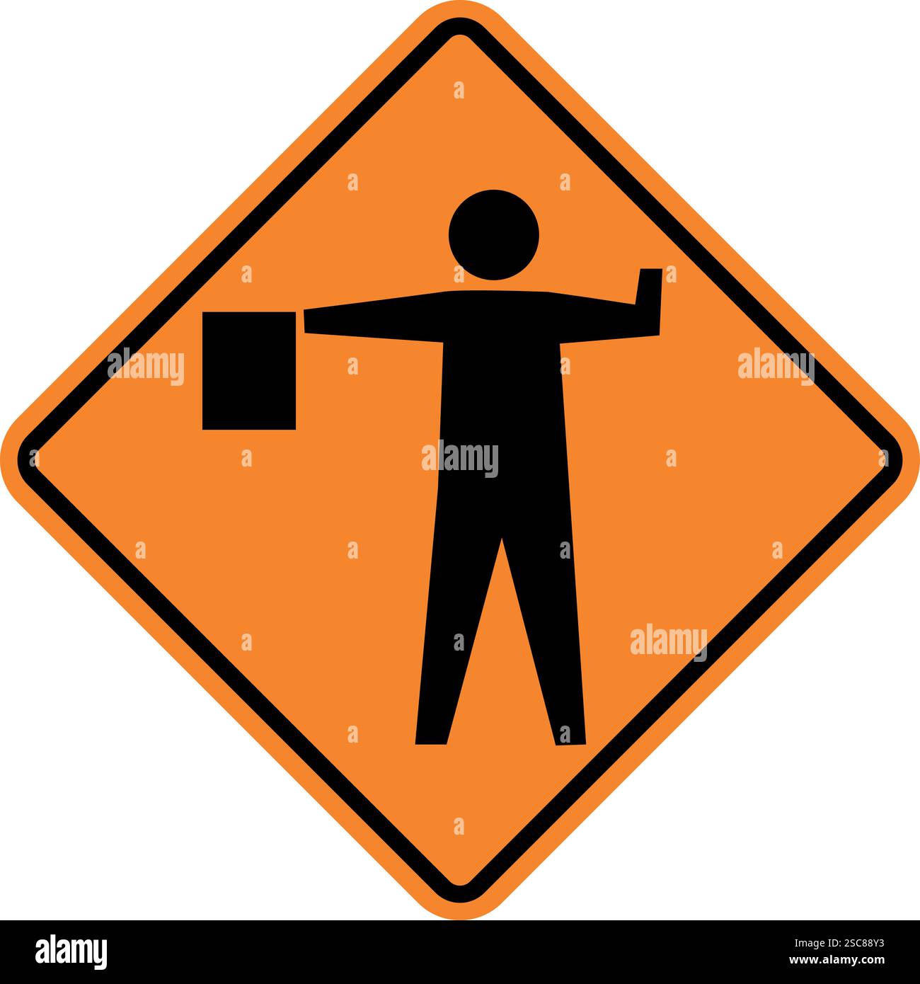 Flagger ahead sign. Road works ahead. Orange diamond background ...