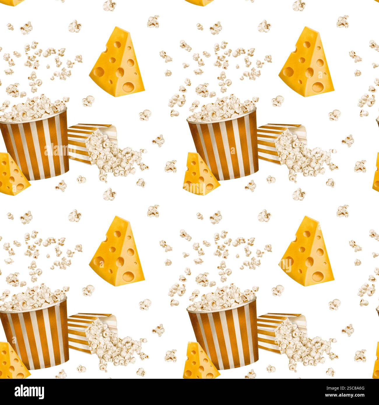 Popcorn with cheese. Seamless pattern, Watercolor illustration without ...