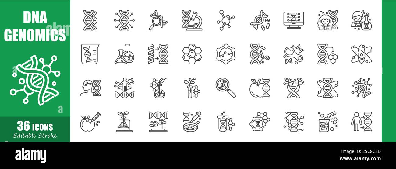 DNA and Genomics . Medical outline icon collection . Editable stroke ...
