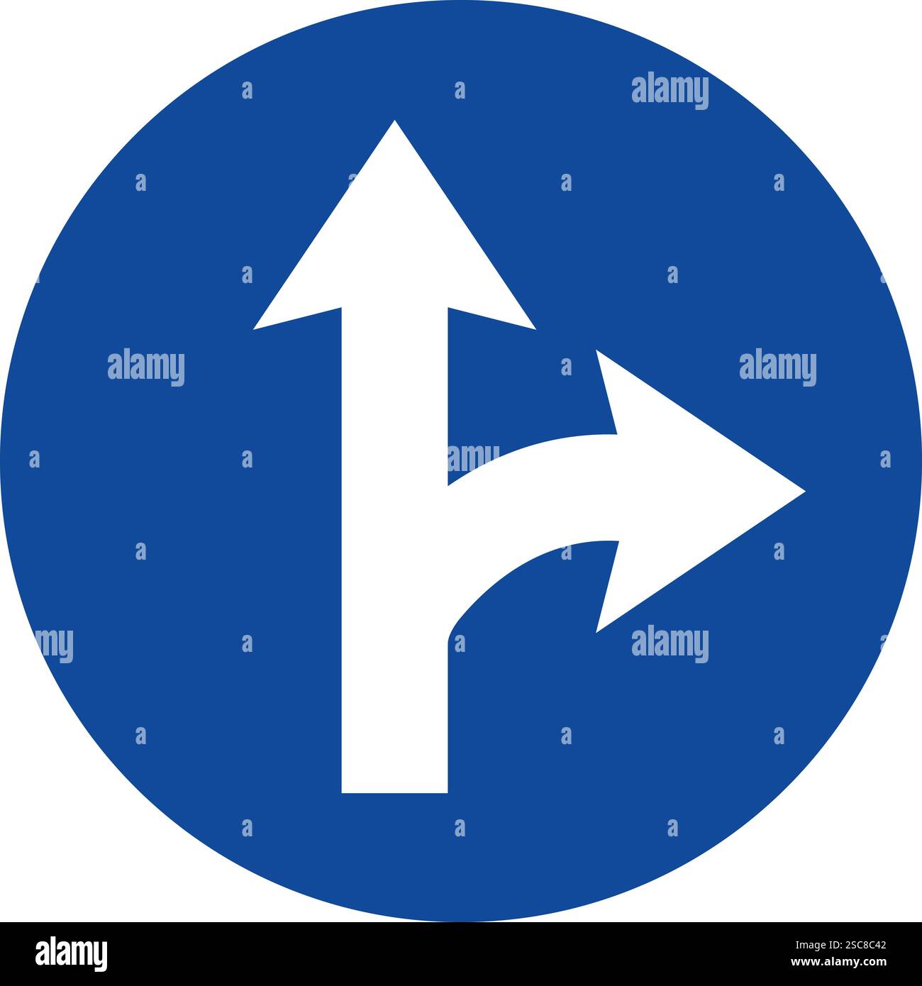 Compulsory ahead or right turn sign. Blue circle Background. Traffic signs and symbols Stock ...