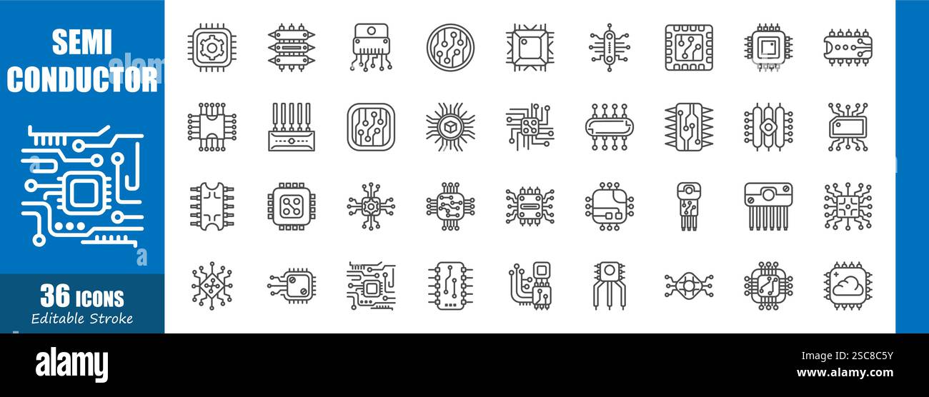 Semiconductors . Technology outline icon collection . Editable stroke ...